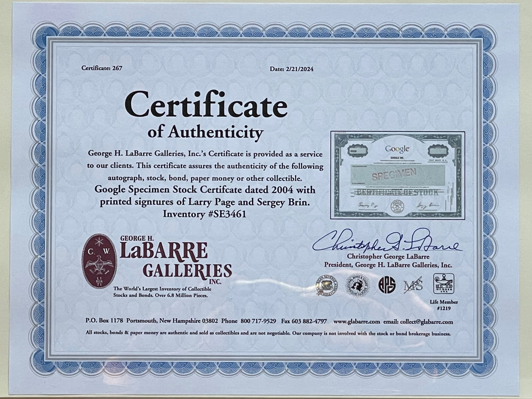 Google Stock Certificate – Google Holdings
