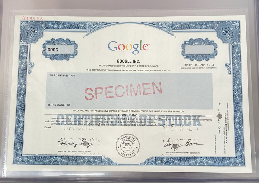 Google Stock Certificate – Google Holdings